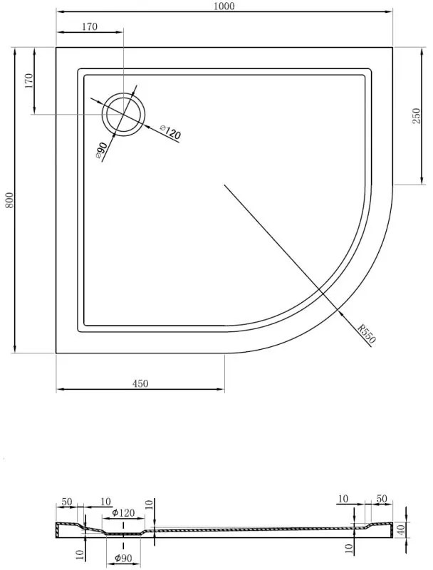 Mexen Flow, asymetrická čtvrtkruhová sprchová vanička slim, levá 100 x 80 cm, černá matná, 46Q708010L