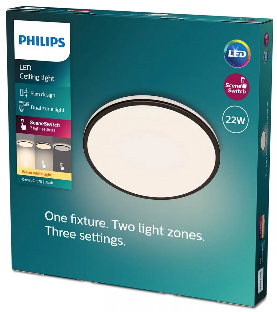 Philips 8719514432000 led stropní svítidlo ozziet 1x22w | 2300lm | 2700k - stmívatelné - sceneswitch, černá