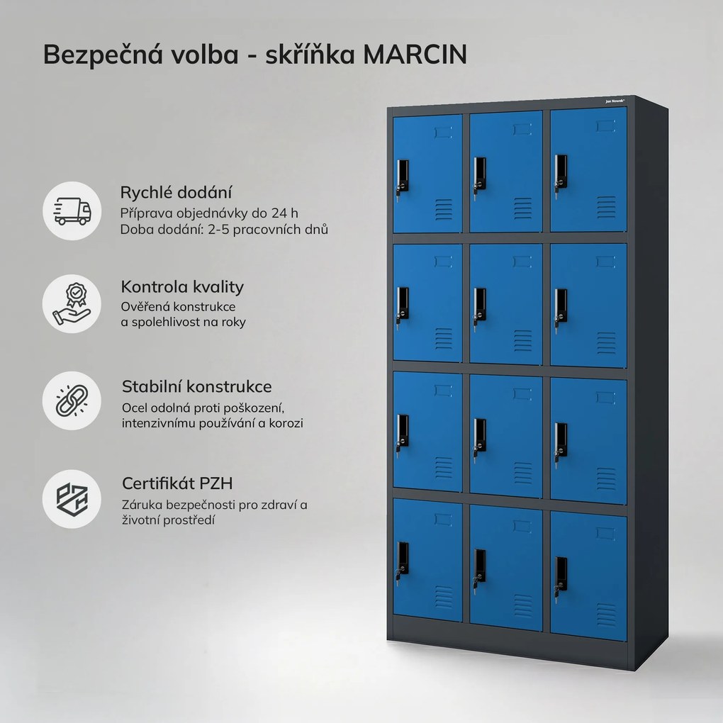 Sociální BHP skříňka s přihrádkami antracitově modrá, 900x1850x400 mm: MARCIN
