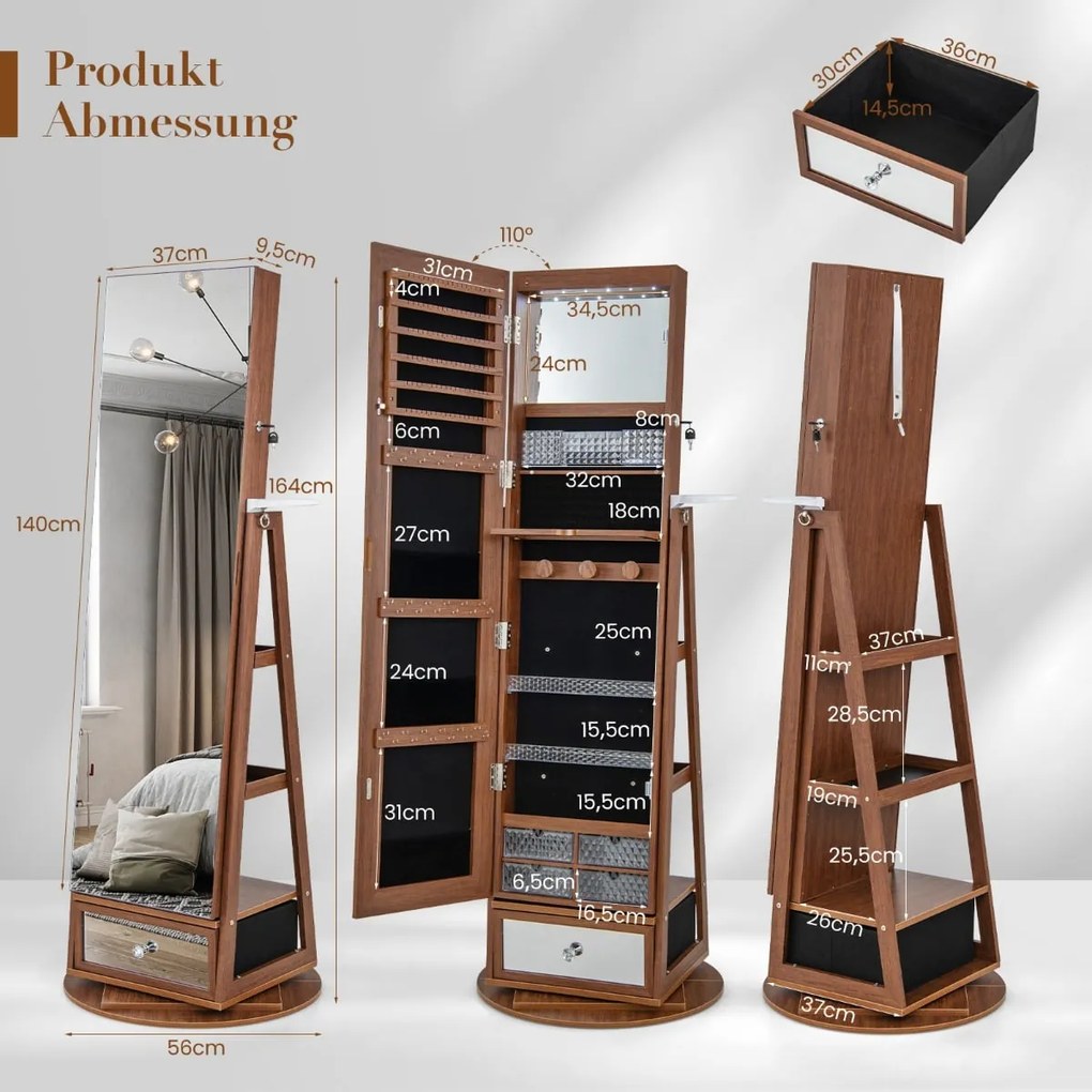 Costway Šperkovnice 360° otočná zrcadlová skříňka se zrcadlem po – 140 × 37 cm