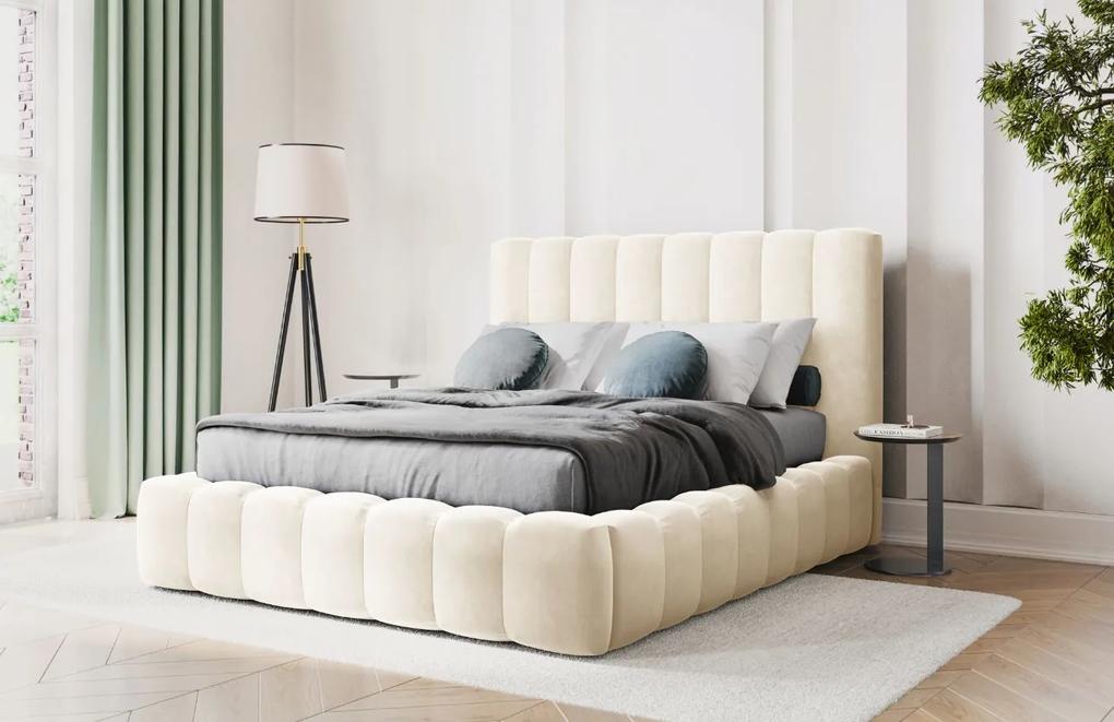 Béžová sametová dvoulůžková postel MICADONI Kelp 140 x 200 cm s úložným prostorem