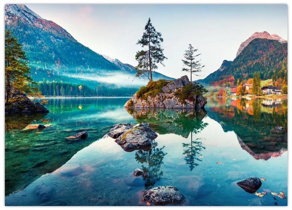 Skleněný obraz - Jezero Hintersee, Bavorské Alpy, Rakousko (70x50 cm)