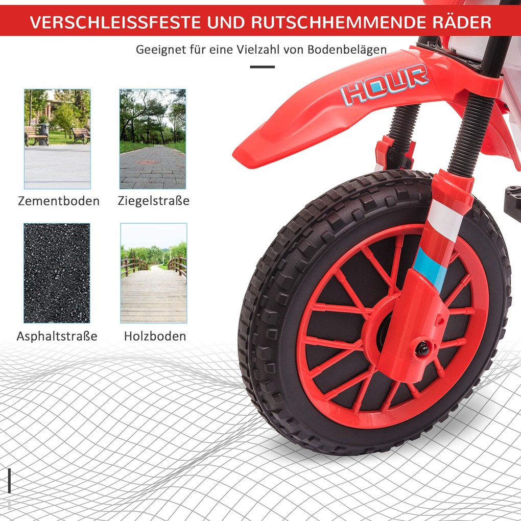 HOMCOM Dětská Elektrická Motorka 12V s 2 Odnímatelnými Stabilizátory pro Děti od 3 Let PP Kovová Červená+Bílá 106,5 x 51,5 x 68 cm