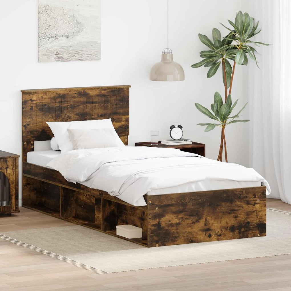 Rám postele s čelo Kouřový dub 90 x 200 cm Masivní borové dřevo 3410649