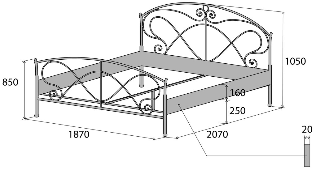 Nábytek ATIKA s.r.o. Kovová postel HERMÍNA Barevne provedení: stříbrná RAL 9006, Rozměr: 120 x 200 cm