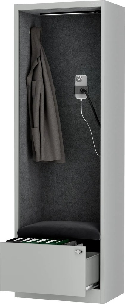 Kancelářská akustická kabina se sedátkem a USB-C portem, korpus šedý / sedák tmavě šedá, 600 mm: SALLY MentalBox