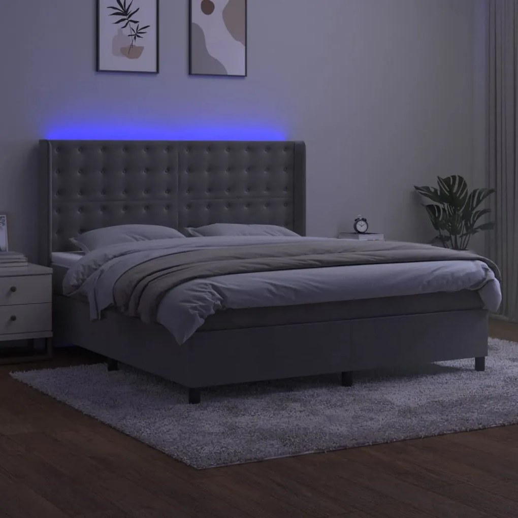 Box spring postel s matrací a LED světle šedá 180x200 cm samet 3139817
