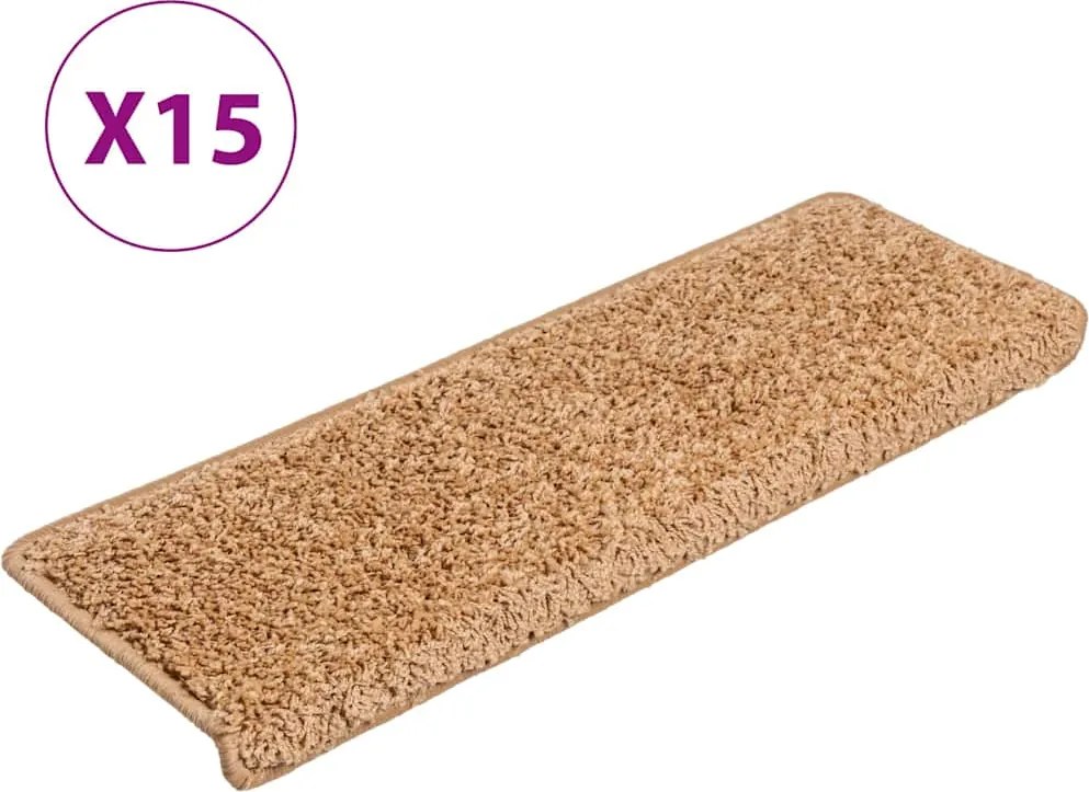 Schodové rohože 15 ks 65 x 21 x 4 cm béžové s obdélníkovým okrajem 134577