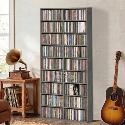 HOMCOM úložný stojan na CD a DVD 18 přihrádek, maximální kapacita 640 CD/360 DVD 430 Blu-ray, 78,5 x 24 x 175 cm, světle šedý