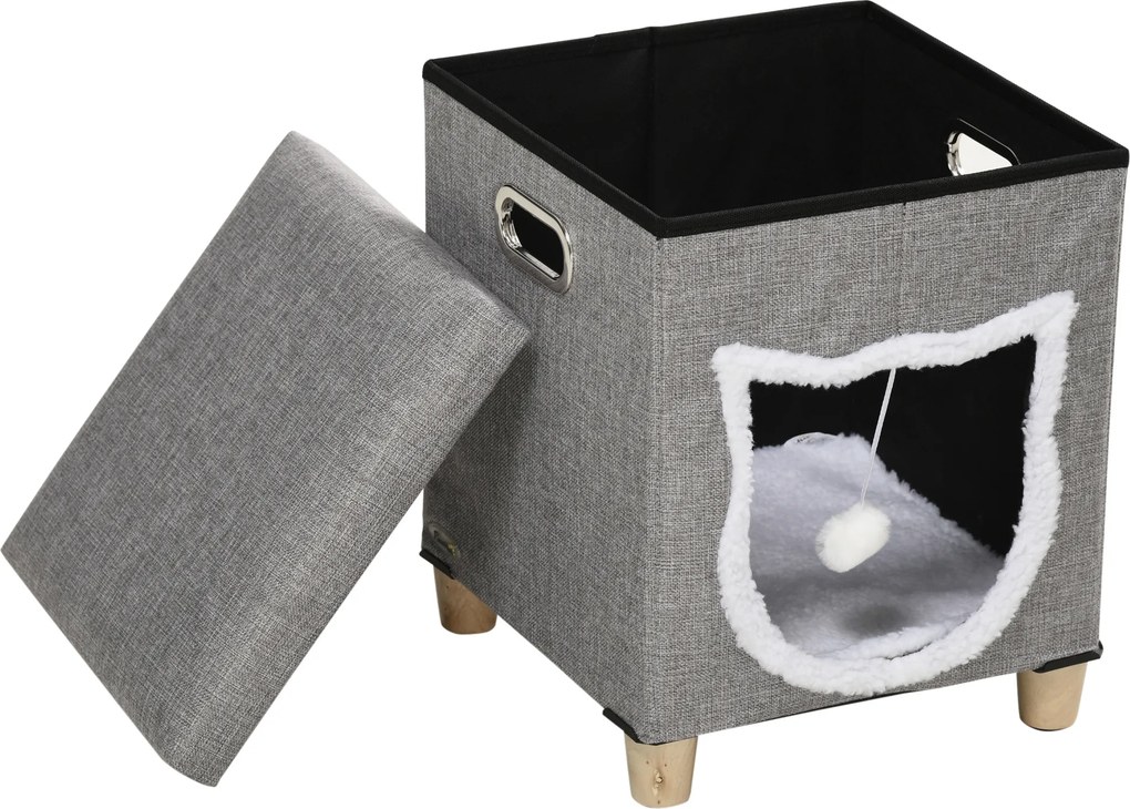 PawHut kočičí jeskyně s polštářem a škrabací podložkou, hrací míč, protiskluzová, šedá, polyester pro kočky