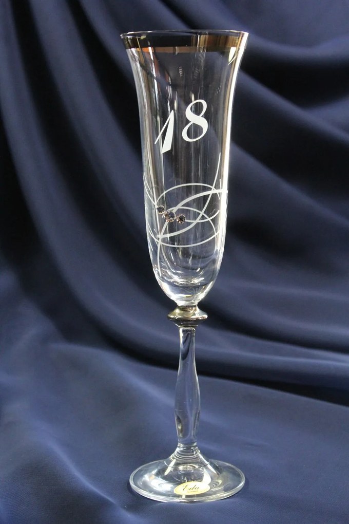 Výroční pohár na 18. narozeniny - ŠAMPAŇSKÉ se swarovski krystaly a stříbrným pásem (190 ml)