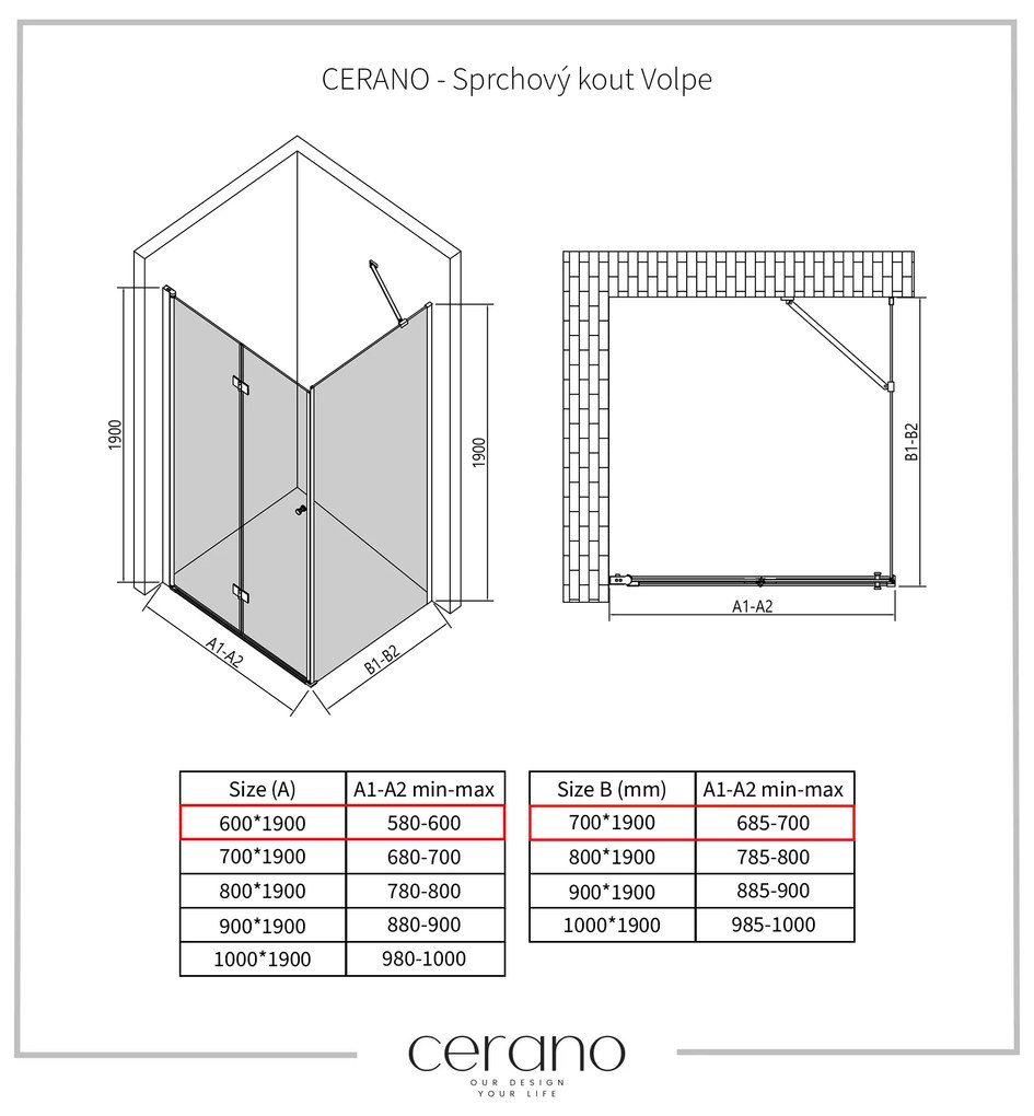 CERANO - Sprchový kout Volpe L/P - chrom, transparentní sklo - 60x70 cm - skládací