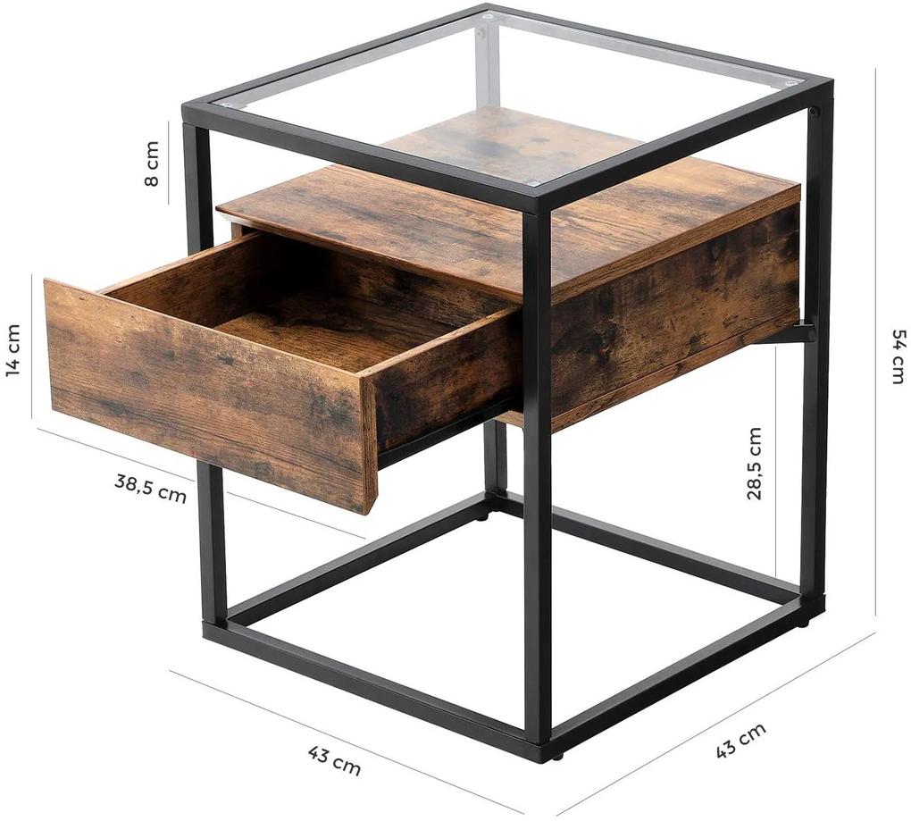 VASAGLE Odkládací stolek se zásuvkou skleněná deska 43x43 cm