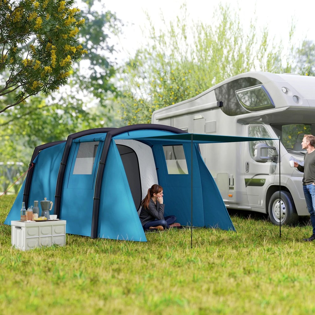 Inflatabilní stan Outsunny pro 3-6 osob s pumpou - stan na kempování UV50+ pro rodiny, větruodolný a rychlo-setup stan na 3 sezóny