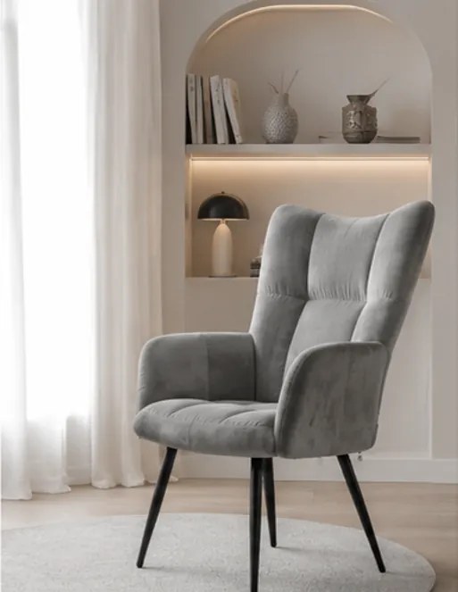 relaxační křeslo, odpočinkové, ušák, kov/samet, 98x63x69 cm, černá/světle šedá, Dekorino KR20260001