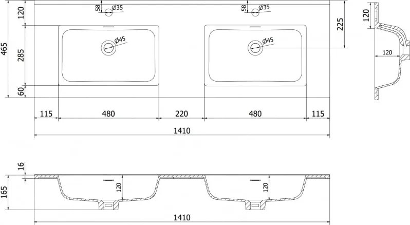 Mexen Otis, dvojité umyvadlo zapuštěné do desky 141 × 46,5 cm, černá matná, 25181471D