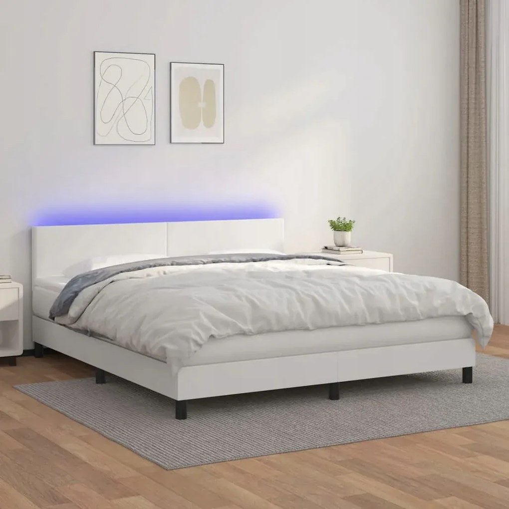 Box Spring Postel S Matrací A Led Umělá Kůže Bílá Hladký design 160 x 200