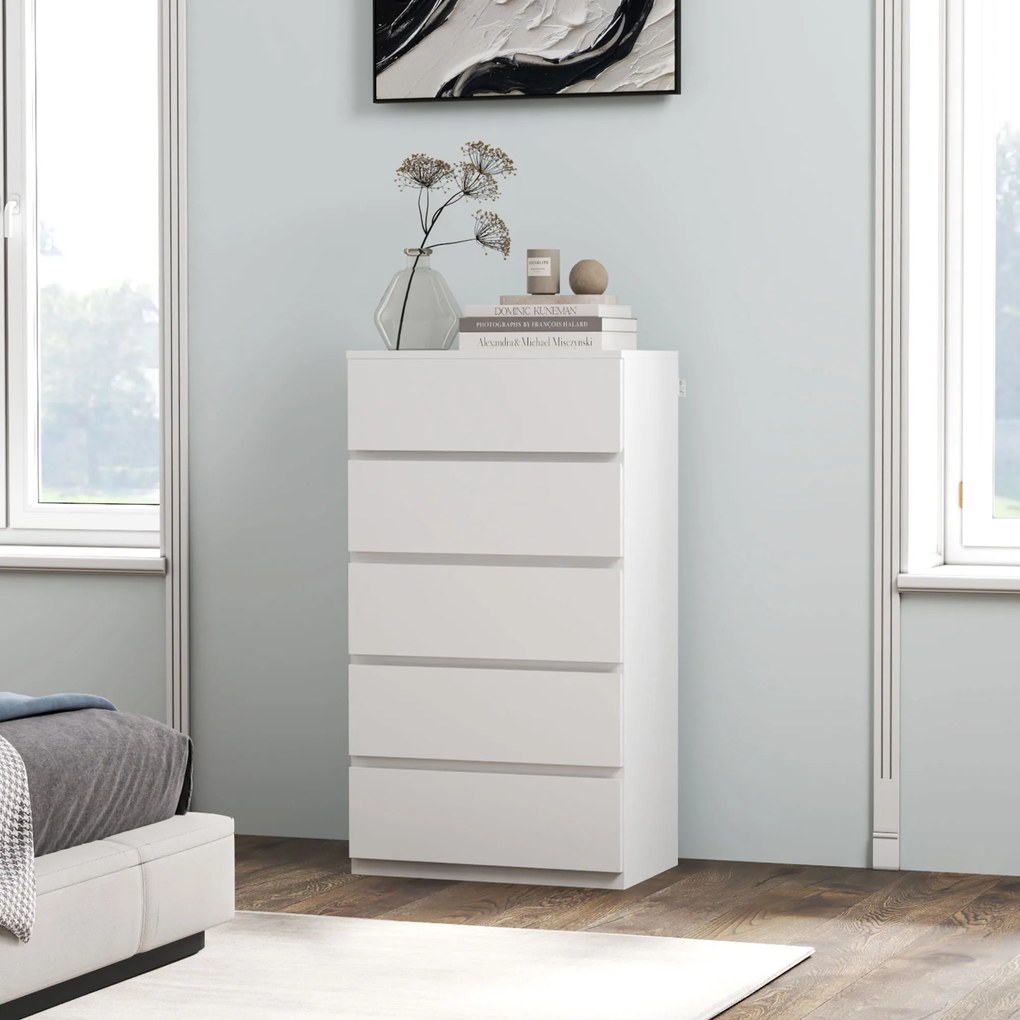 HOMCOM Komoda s 5 Zásuvkami, Moderní Skříň na Oblečení pro Obývací Pokoj, Ložnici a Chodbu, Bílá, 55 x 34 x 100 cm