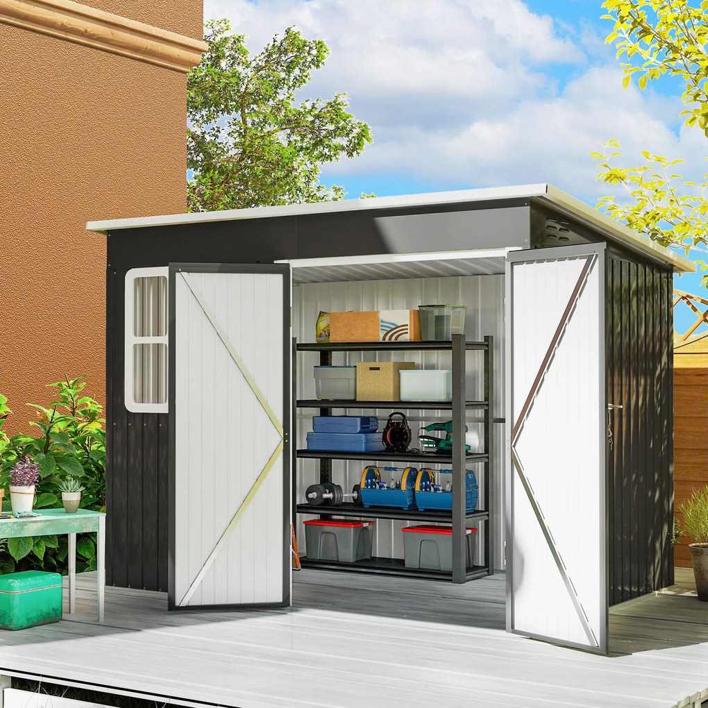 Outsunny Kovová Kůlna na Nářadí 4,13 m² 260 x 177 x 190 cm Skladovací Kůlna s Oknem, Šikmou Střechou a Zámkem, Voděodolný Zahradní Dům na Zahradu