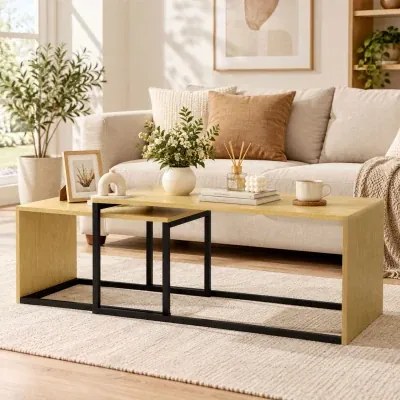 HOMCOM Sada 2 konferenčních stolků, odkládací stolek u sedací soupravy, MDF, kov, 90 x 48 x 42 cm / 59 x 42 x 36 cm, přírodní dřevo + černá