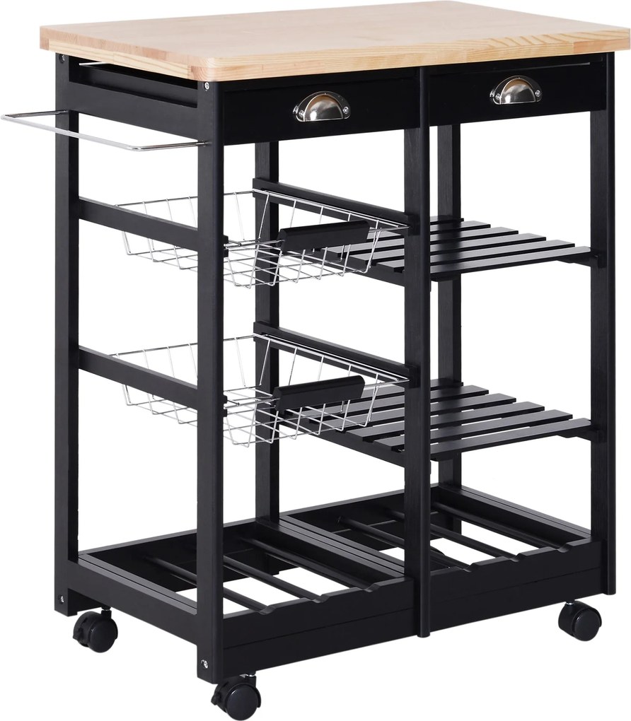 HOMCOM Mobilní kuchyňský vozík s kolečky - Zeleninový vozík, kuchyňský vozík se 2 zásuvkami, 2 košíky a 2 policemi pro jídelnu 74x37x76 cm Černý | Aos