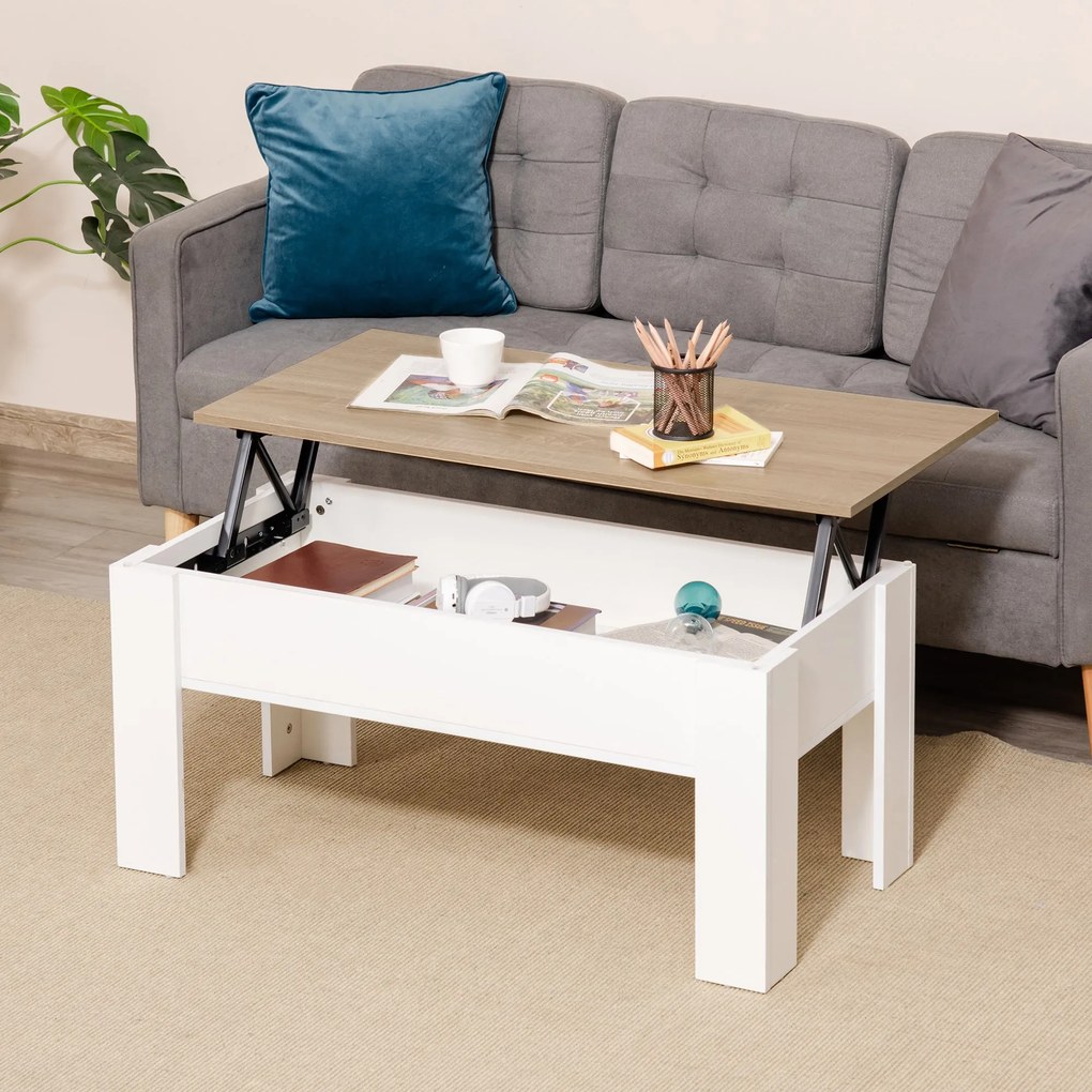 HomCom Zvedací Konferenční Stolek s Skrytým Úložným Prostorem 100x50x45-58.5 cm Bílý a Přírodní
