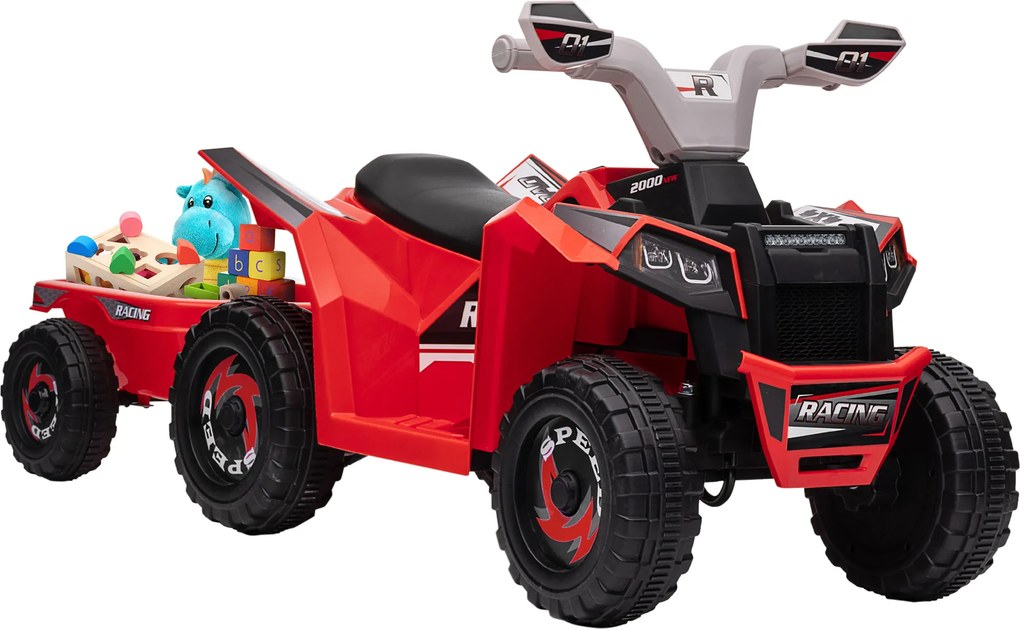 HOMCOM Prodám elektrickou čtyřkolku, s přívěsem, rychlost vpřed a vzad, oděruvzdorná kola, kovová, pro 1,5-3 roky, nosnost 25 kg, červená