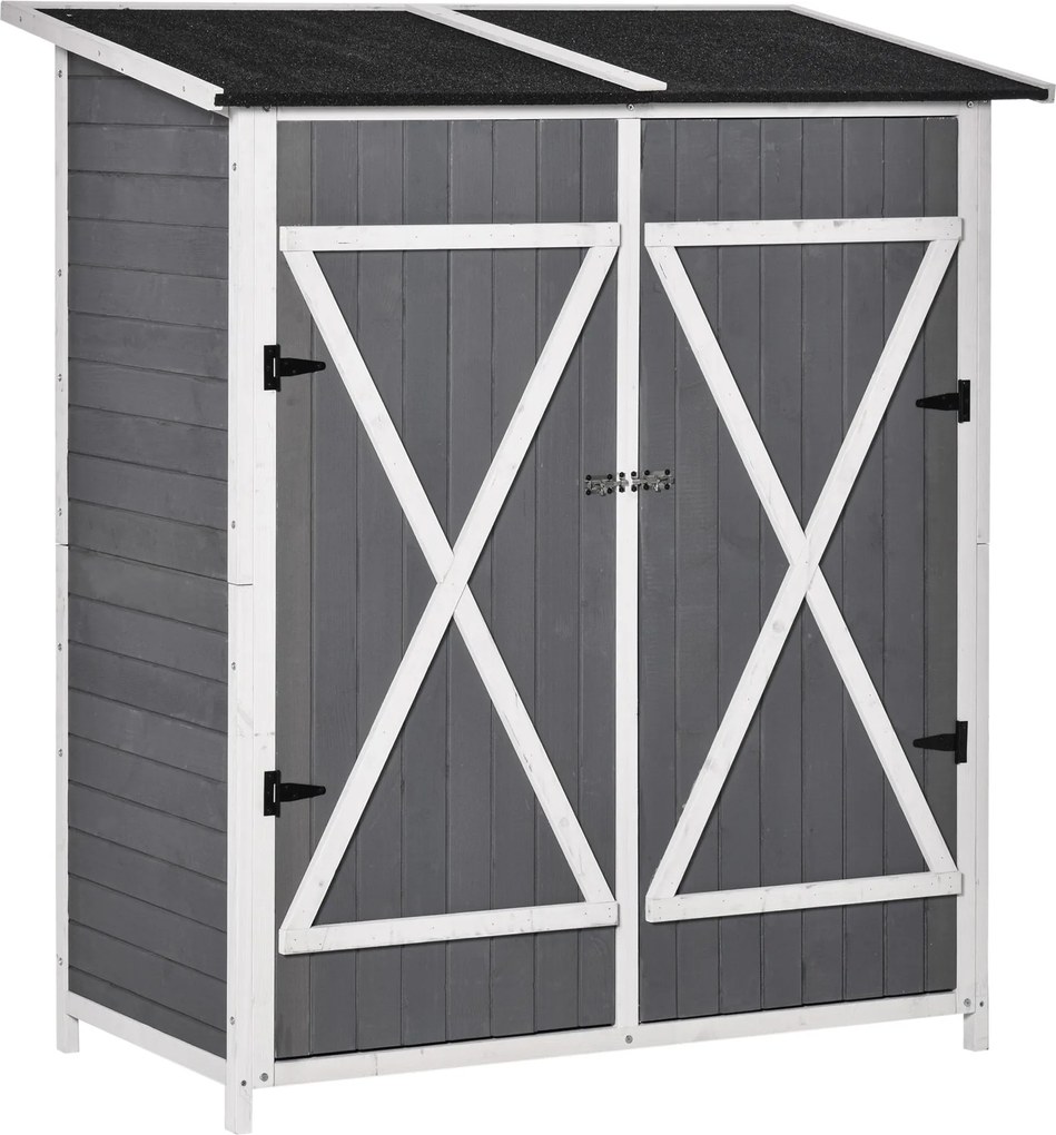Zahradní skříň Outsunny s 2 dveřmi, kabinet na nářadí s asfaltem kryté zahradní skříň, design proti převržení se zemními hřebíky, jedlové dřevo, šedá+