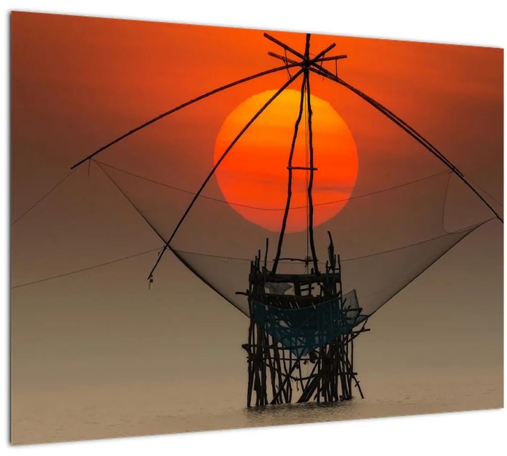 Skleněný obraz - Východ slunce, jezero Pakpra (70x50 cm)