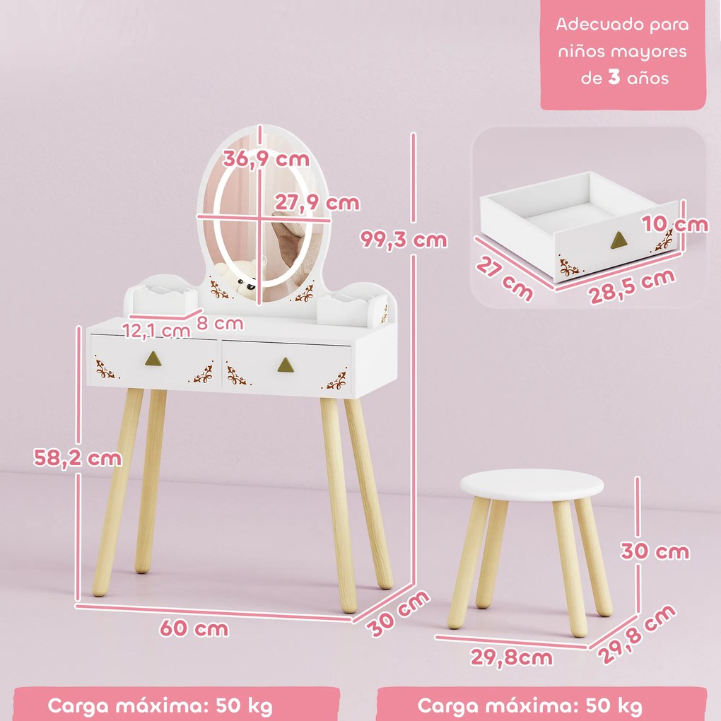 AIYAPLAY Toaletní stolek pro dívky se 3-barevným LED světlem, taburet, zrcadlo, 2 zásuvky, 2 úložné boxy, bílá