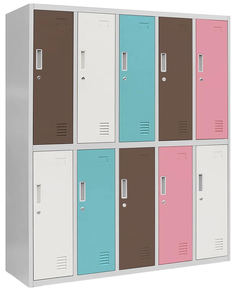 Školní skříň, 10 uzamykatelných přihrádek BARTUŚ, 1360 x 1500 x 450 mm, šedo-pastelová