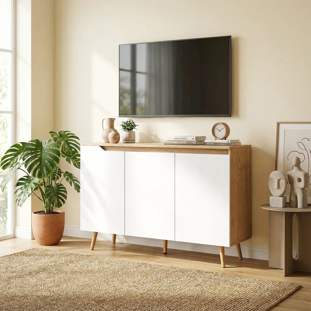 HOMCOM Komoda s 3 dvířky, 2 nastavitelnými policemi, 5 nohami z hevea, rustikální dub/bílá, 107 × 35 × 76,5 cm