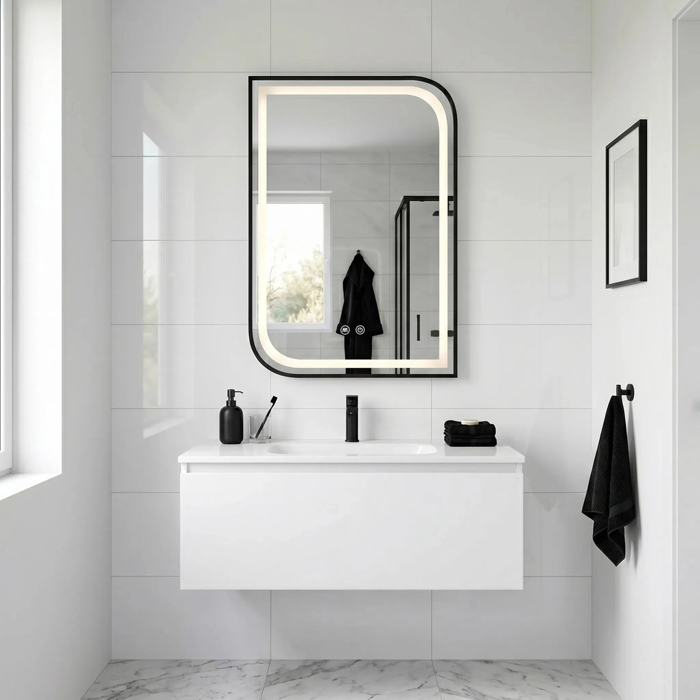 Rea Zrcadlo 70x50 cm s vyhříváním a regulovatelným LED osvětlením HOM-00302 černá kartáčovaná
