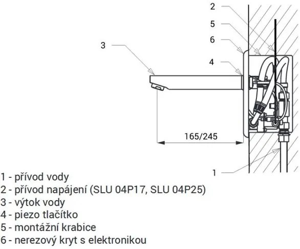 Sanela Baterie Piezo nástěnná umyvadlová 24 V DC SLU 04P17