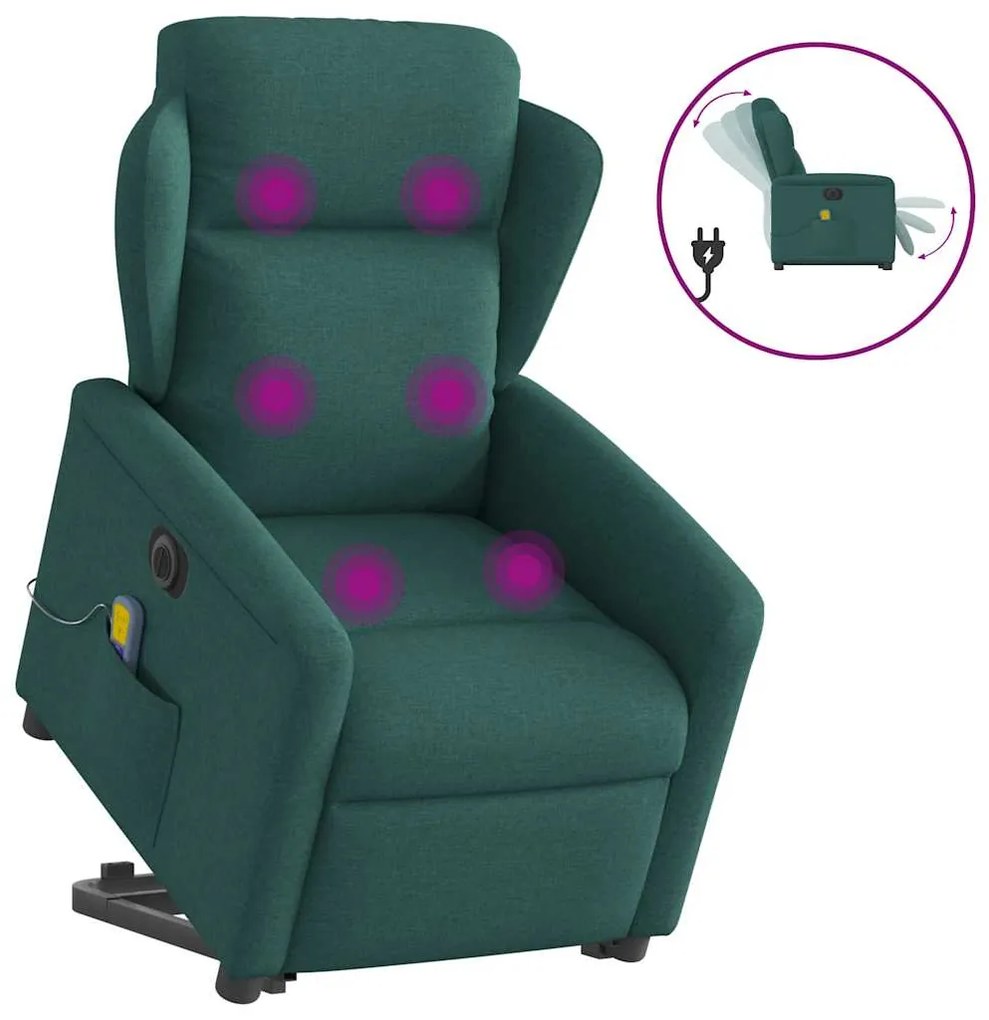 Elektrické zvedací masážní polohovací křeslo zelené textil 3303170