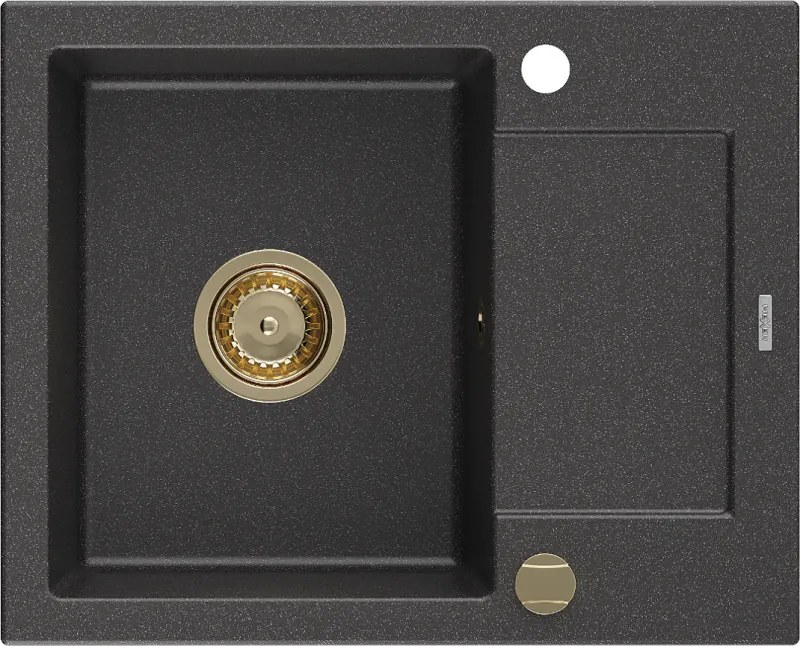 Mexen Enzo, granitový dřez 576x465x174 mm, 1-komorový, černá skvrnitá se zlatým sifonem, 6506571005-76-G