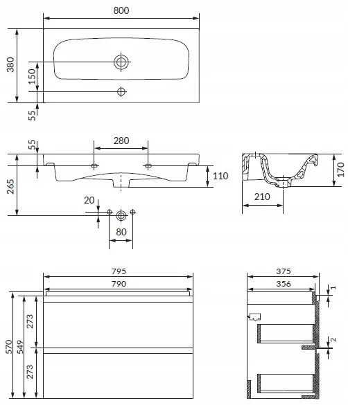 Cersanit Moduo Slim SET, závěsná skříňka 80x38x62 cm + umyvadlo 80cm, antracitová matná, S801-468-DSM