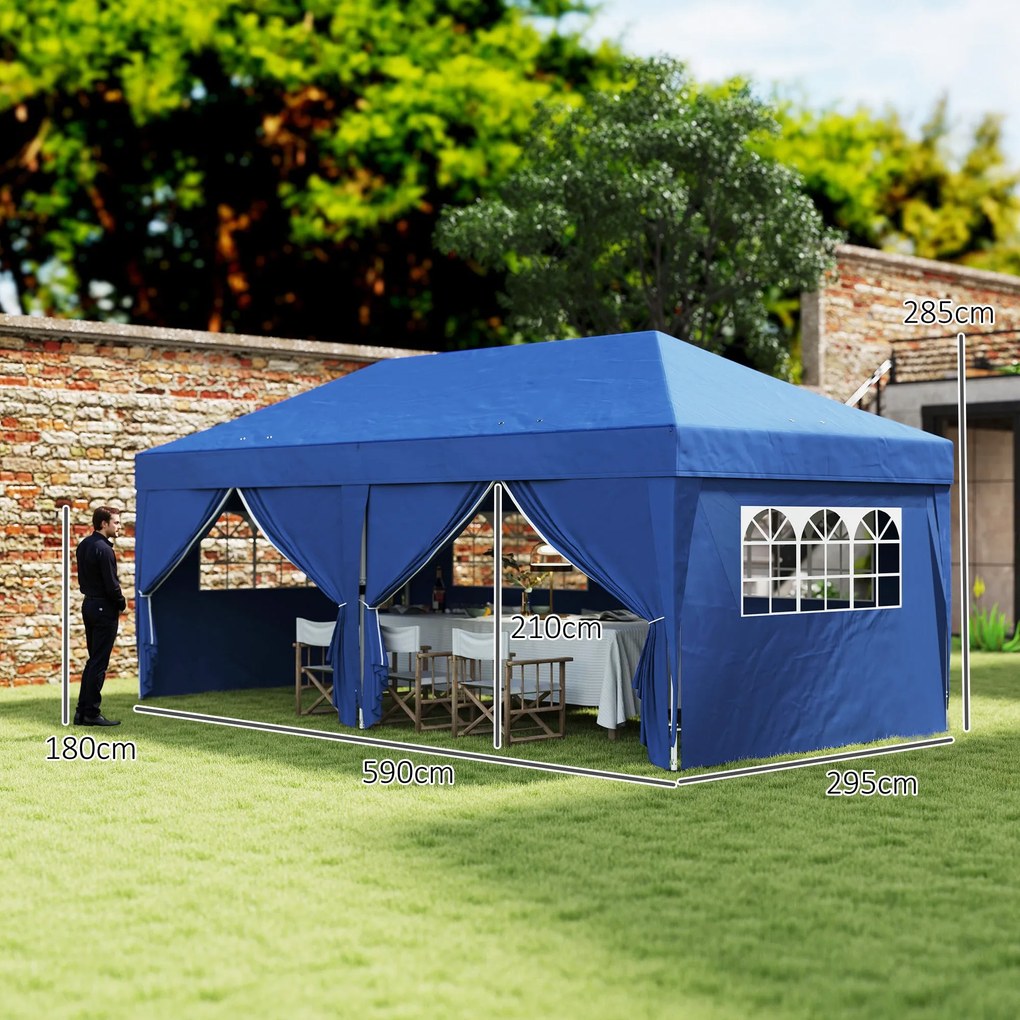Outsunny Zahradní Altán Skládací Pop-Up Altán 3 x 6 m s 6 Bočními Stěnami, Odkapávacími Otvory, Včetně Nosného Úložného Pytle, Skládací Stříška pro Ke