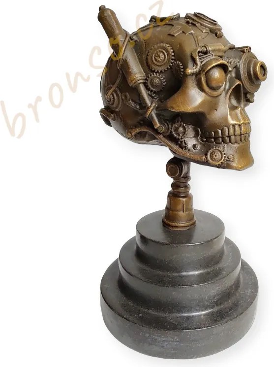 Steampunková lebka – bronzová soška hlavy robota, originální umělecká dekorace v industriálním stylu