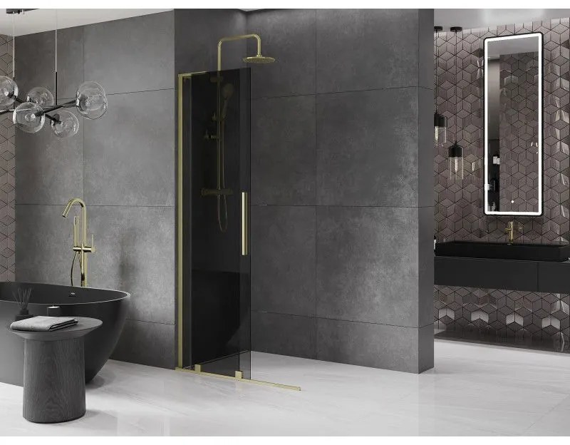 Mexen Velar L, posuvná sprchová zástěna Walk-in 110 x 200 cm, 8mm šedé sklo, zlatá matná, 871-110-003-43-55
