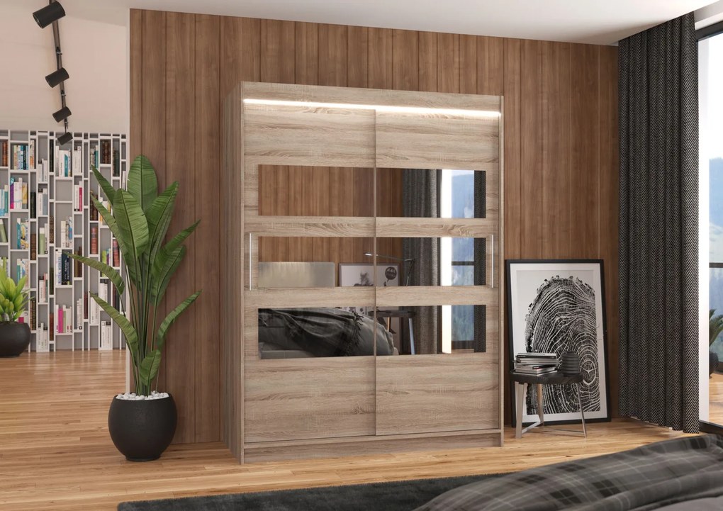 Posuvná skříň se zrcadlem a osvětlením LED FLORENTO 150 černá 6 2 ne