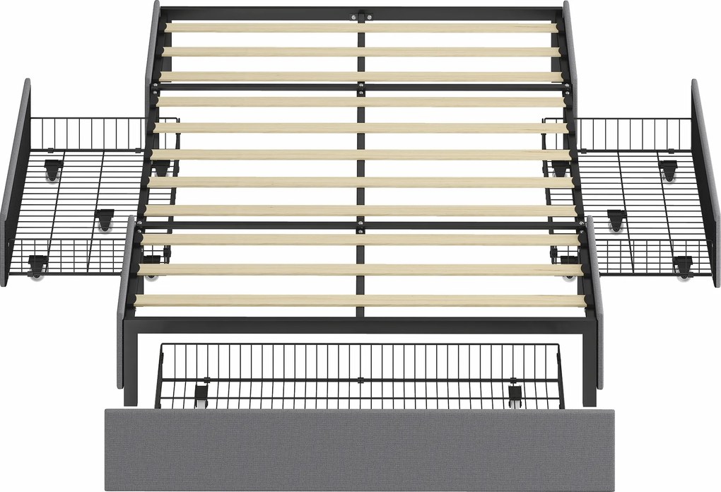 HOMCOM manželka postel 140x190 cm lamelový rošt se 3 zásuvkami a kovovým rámem, nosnost 363 kg, šedá
