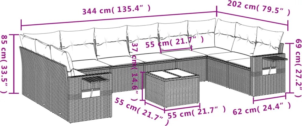 11dílný zahradní sedací souprava s poduškami béžový polyratan 3253016