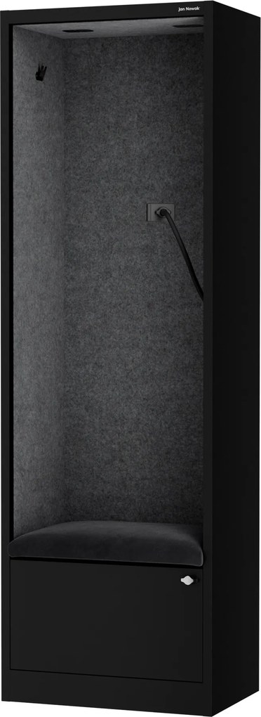 Kancelářská akustická kabina se sedátkem a USB-C portem, korpus černý / sedák tmavě šedá, 600 mm: SALLY MentalBox