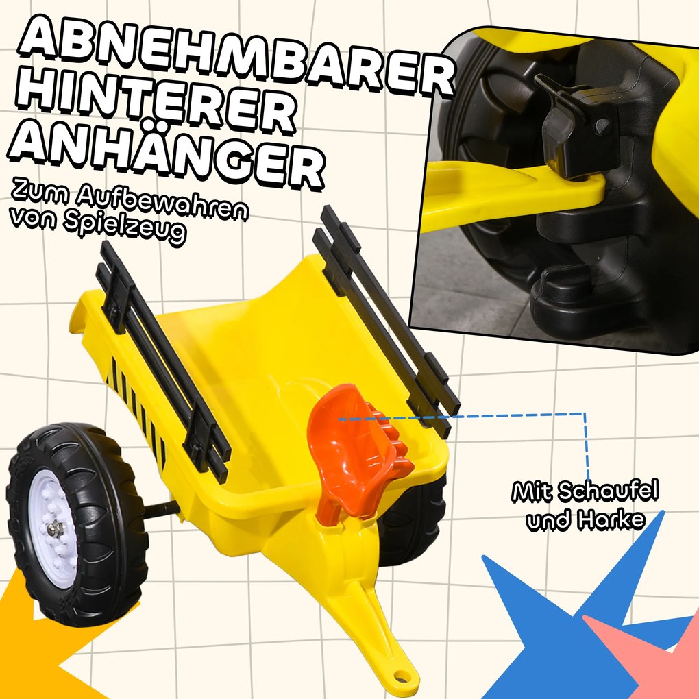 HOMCOM Pedálový Traktor s Přívěsem - Pedálové Auto pro Děti od 3 Let do Zahrady, Železný Žlutý 133 x 42 x 51 cm