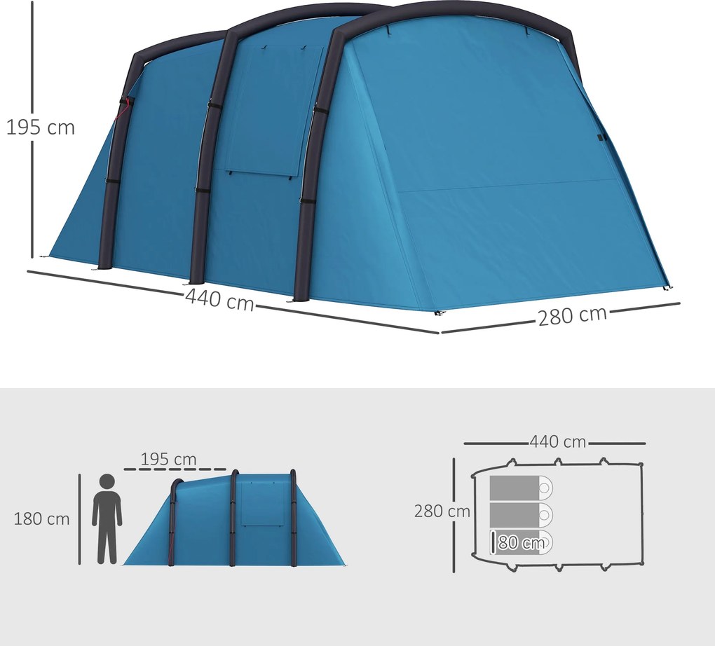 Inflatabilní stan Outsunny pro 3-6 osob s pumpou - stan na kempování UV50+ pro rodiny, větruodolný a rychlo-setup stan na 3 sezóny