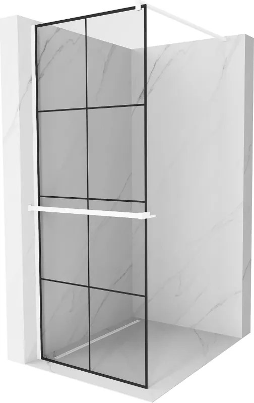 Mexen Kioto+, sprchová zástěna Walk-In s poličkou a věšákem 80 x 200 cm, 8mm čiré sklo černý vzor, bílý profil, 800-080-121-20-77