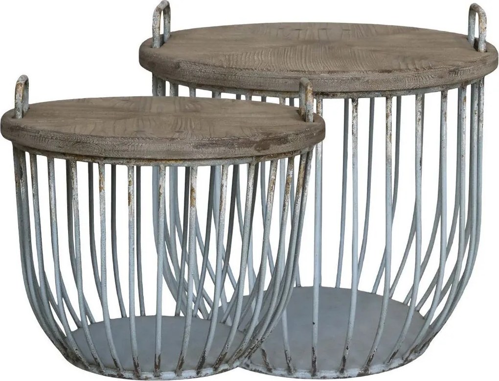 2ks zelený antik kovový coffee stolek s dřevěnou deskou Charlotte - Ø 57*48 cm