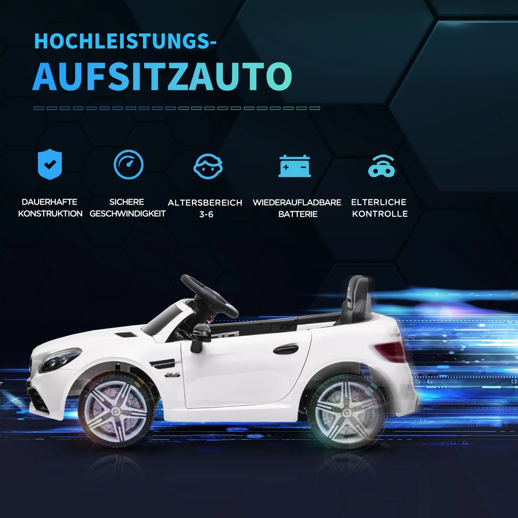 Dětské elektrické auto AIYAPLAY Mercedes SLC 300 s 12V baterií pro děti od 3 let s dálkovým ovládáním, LED světly, klaksonem a hudbou - Bílá