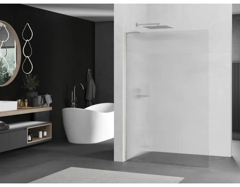 Mexen Kioto L, sprchová zástěna Walk-In 90 x 200 cm, 8mm sklo s žebrovým vzorem, broušená ocel profil, 800-090-103-97-09